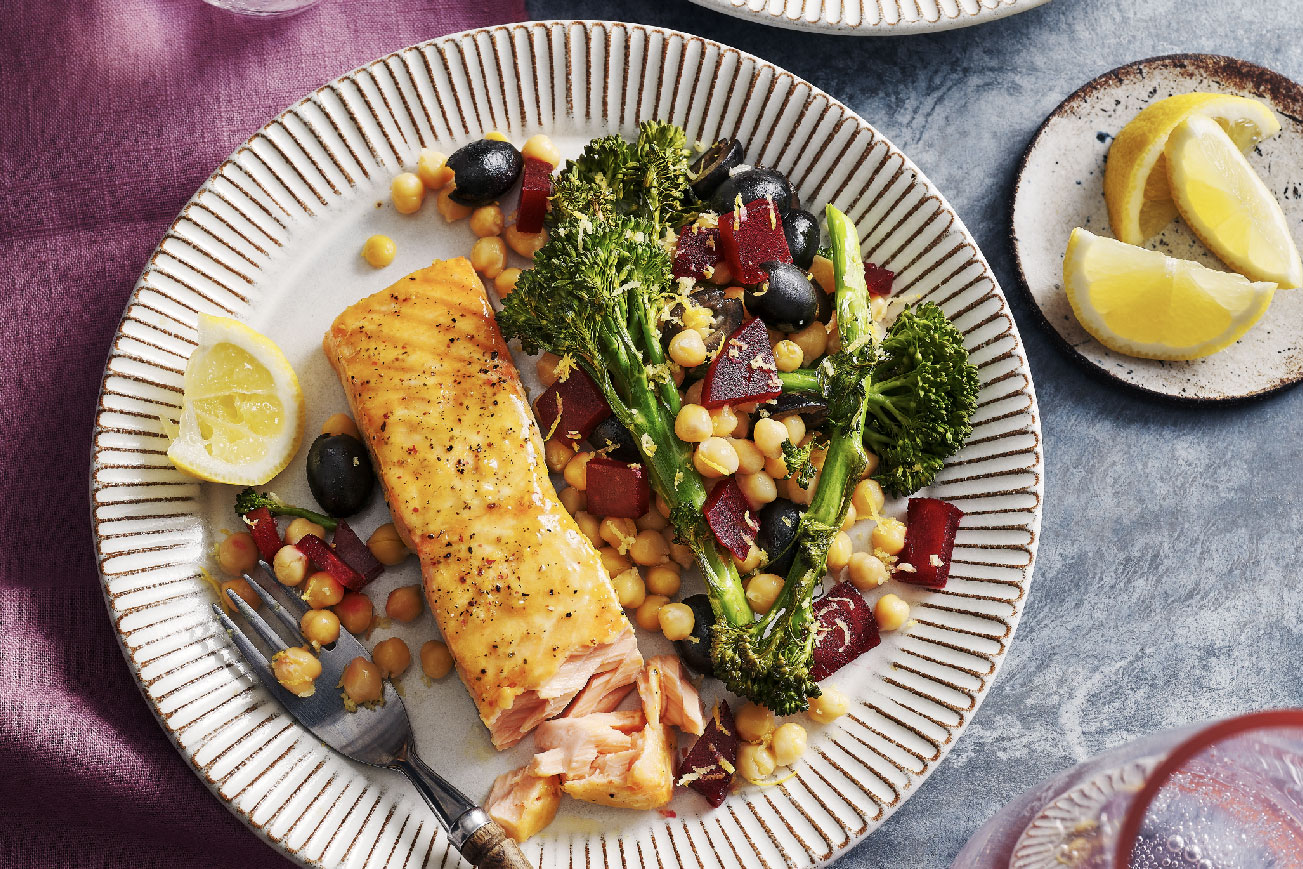 Mustard salmon with beetroot chickpeas - Southern Co-op